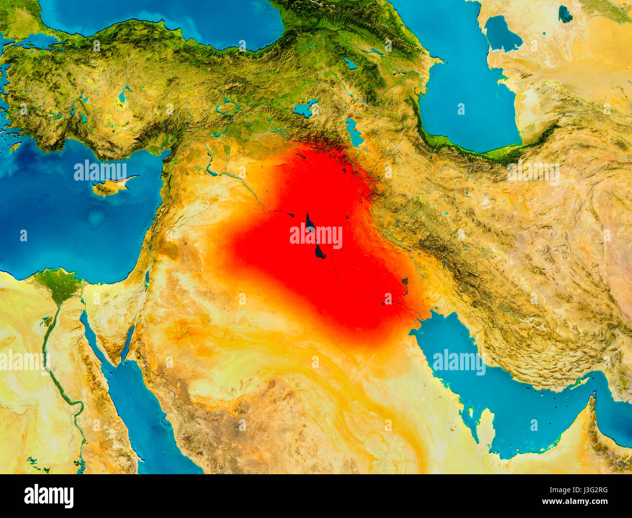 Iraq highlighted in red on physical map. 3D illustration. Elements of ...