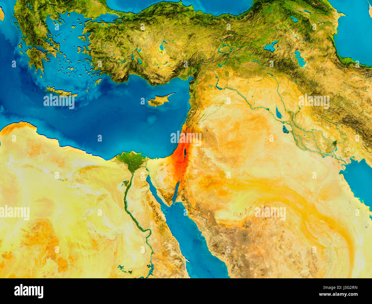 Israel highlighted in red on physical map. 3D illustration. Elements of ...