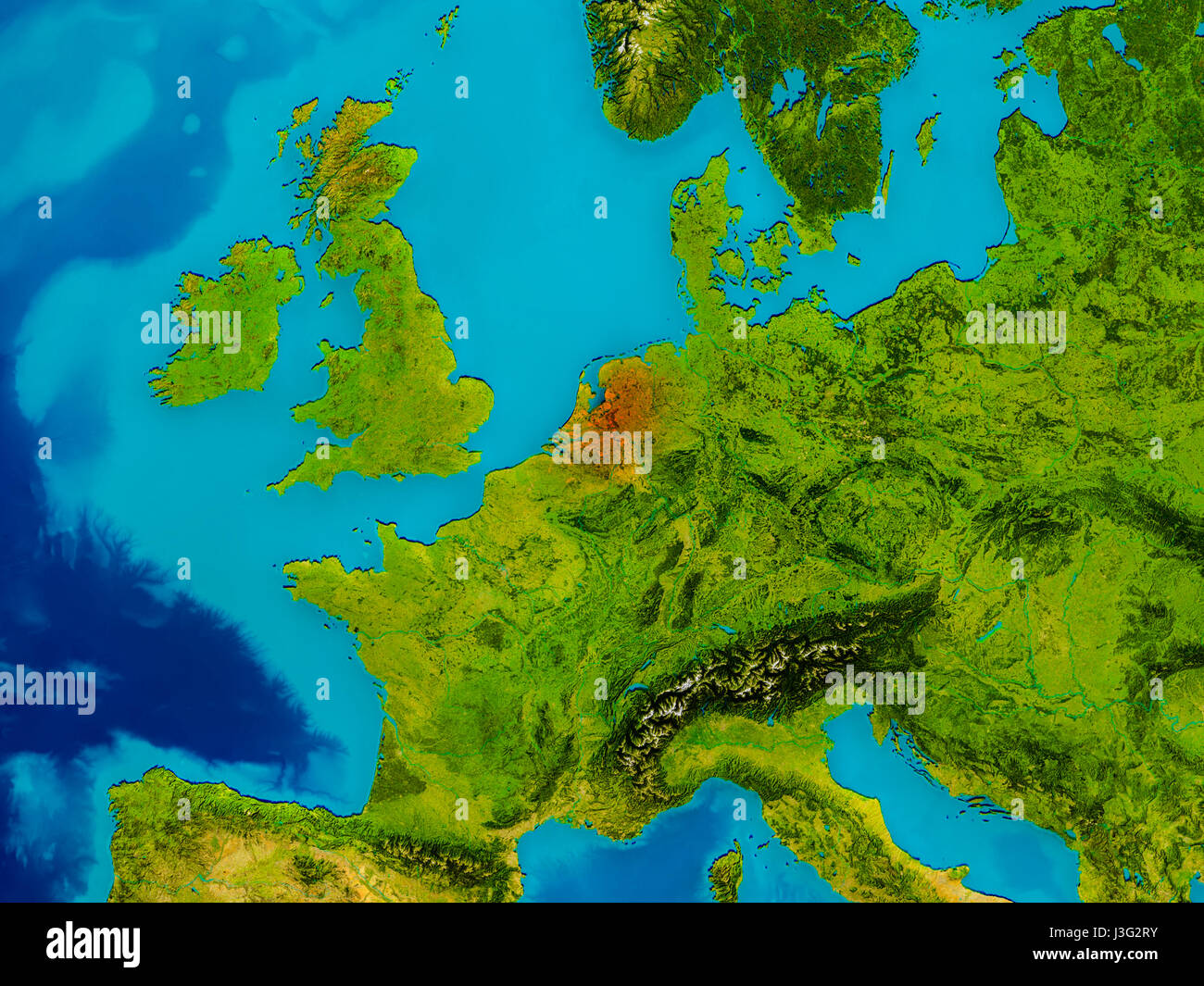Netherlands highlighted in red on physical map. 3D illustration ...