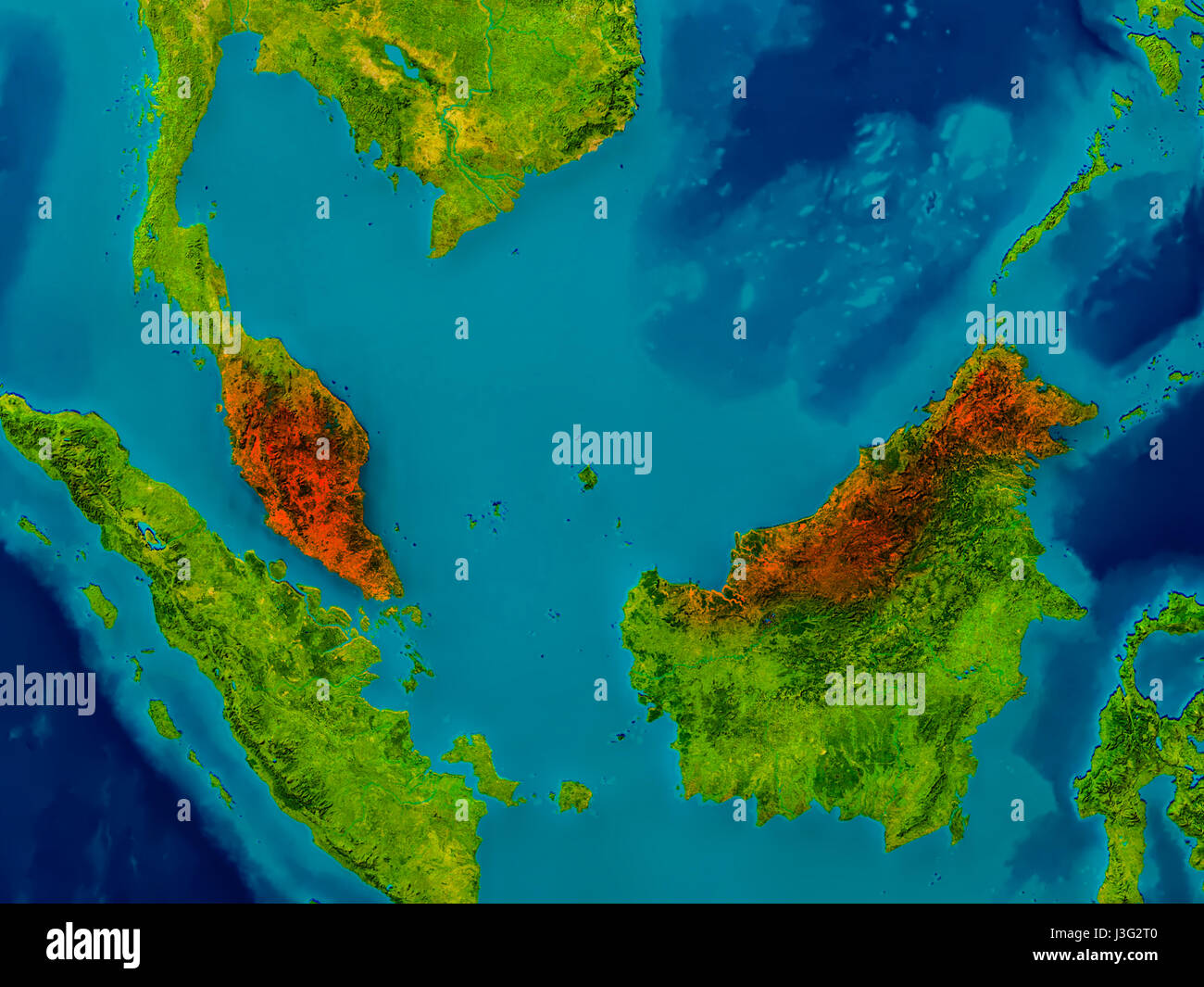 Malaysia highlighted in red on physical map. 3D illustration. Elements ...