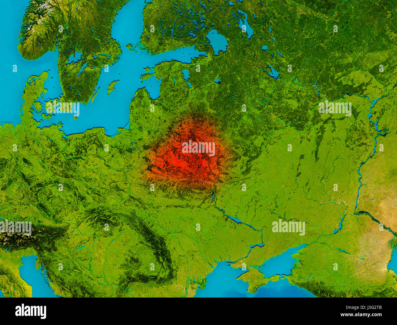 Belarus highlighted in red on physical map. 3D illustration. Elements ...