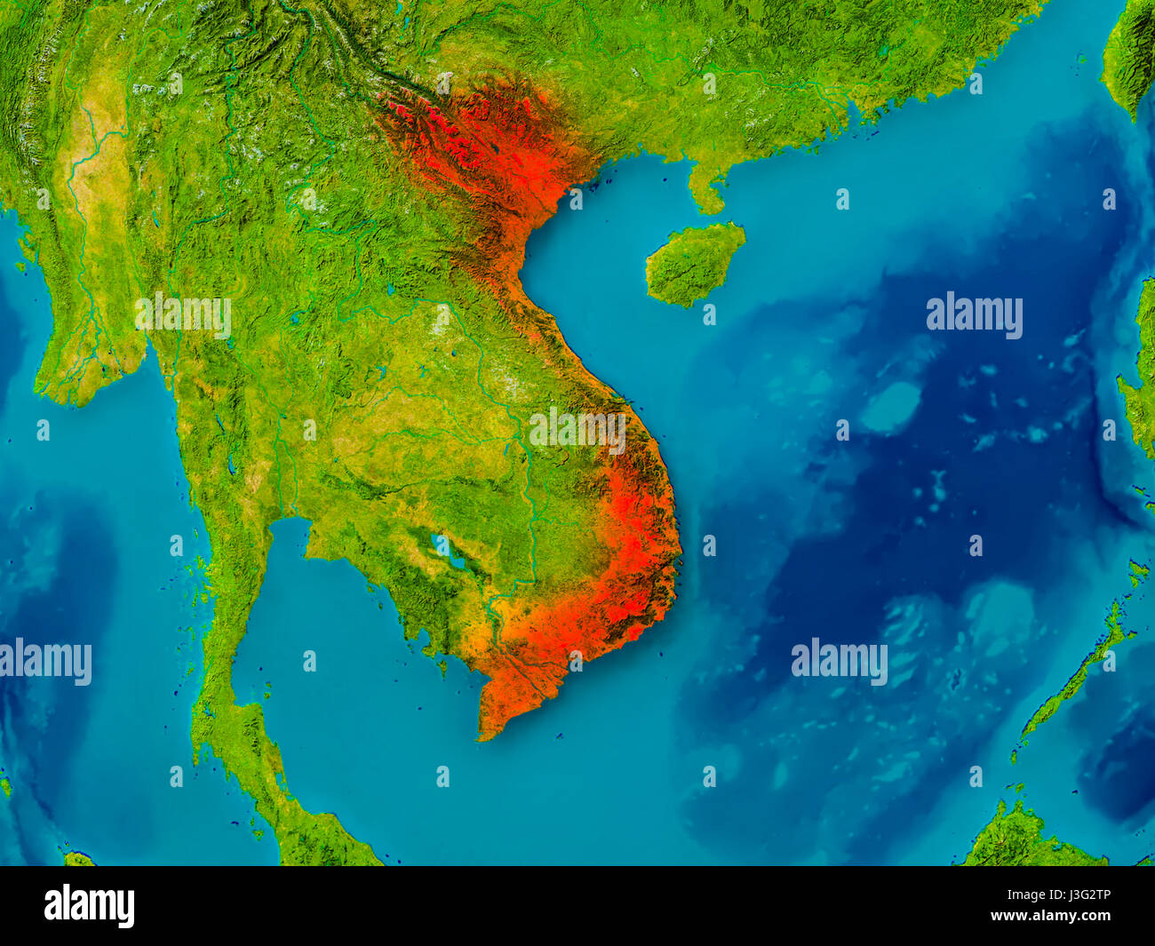 Vietnam highlighted in red on physical map. 3D illustration. Elements ...