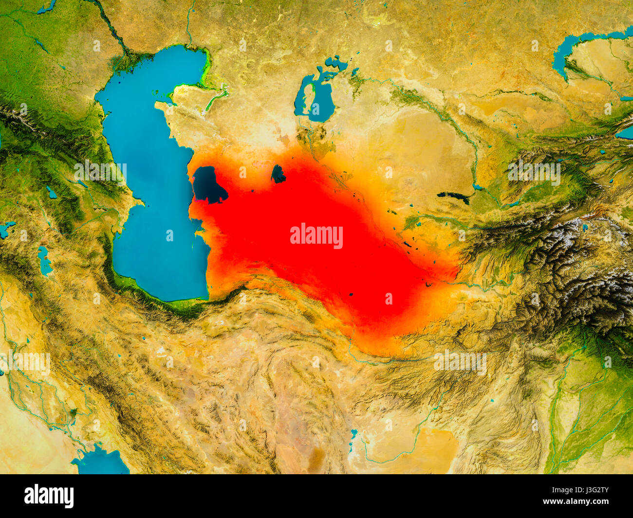 Turkmenistan highlighted in red on physical map. 3D illustration ...