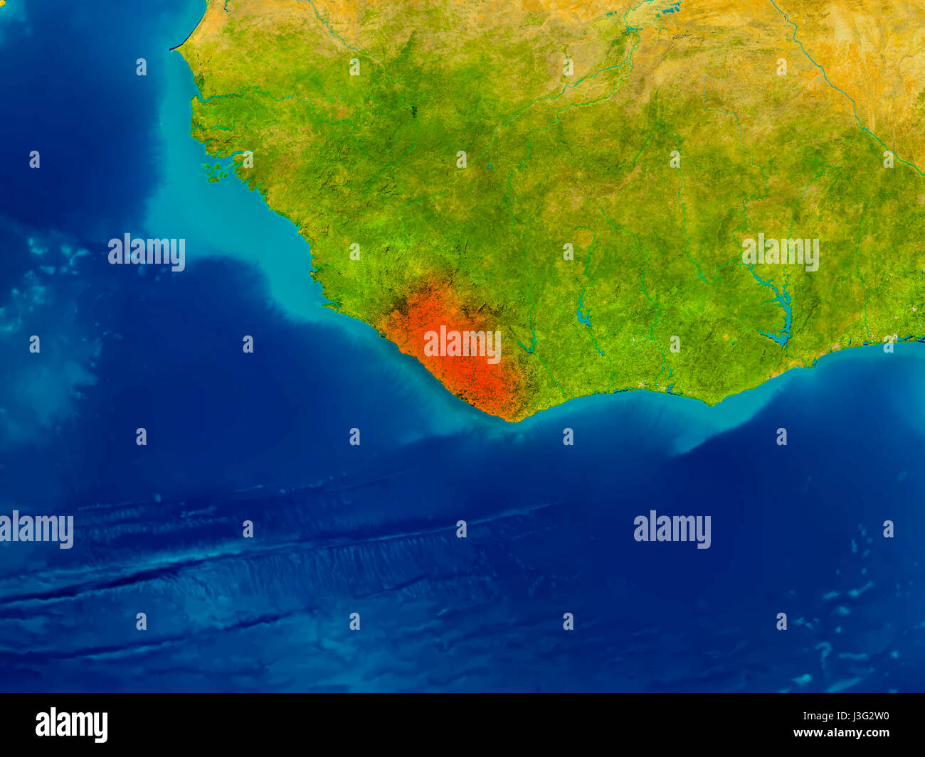 Liberia highlighted in red on physical map. 3D illustration. Elements ...