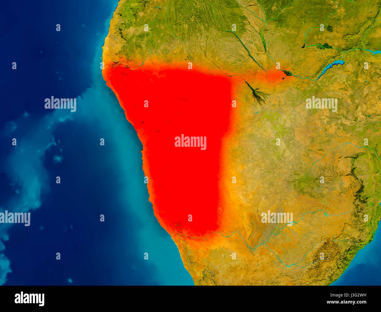 Namibia highlighted in red on physical map. 3D illustration. Elements ...