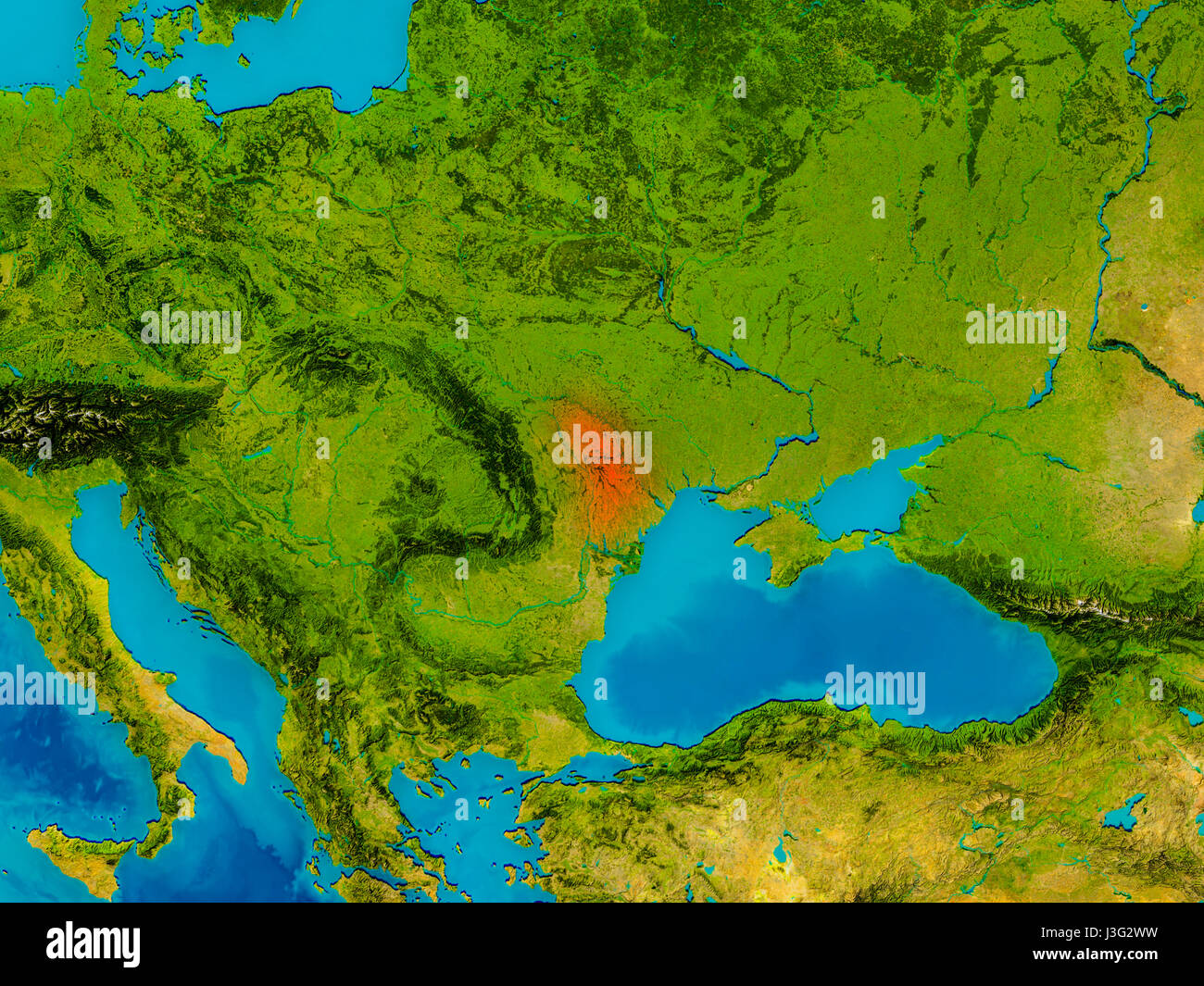Moldova highlighted in red on physical map. 3D illustration. Elements ...