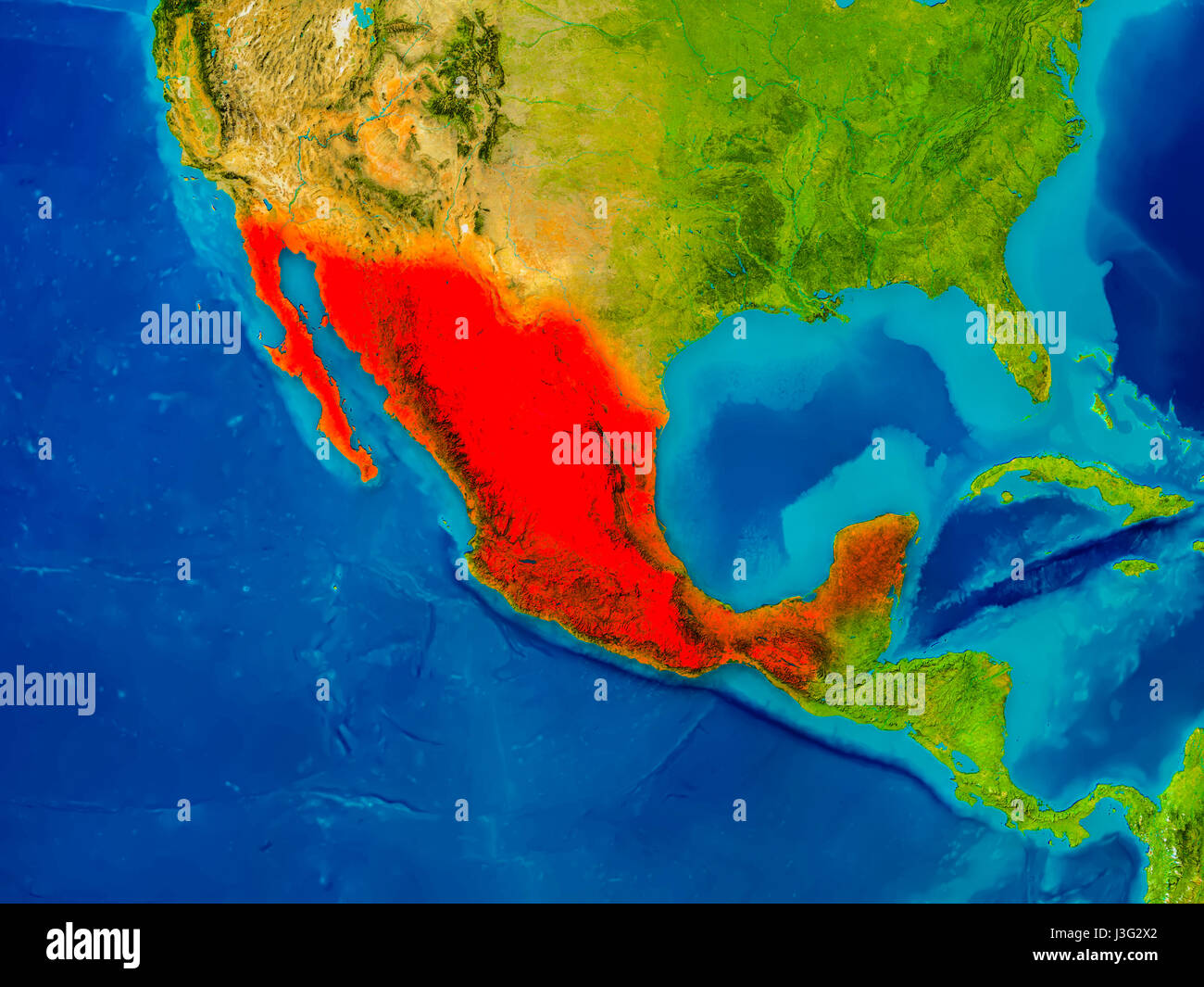 Mexico highlighted in red on physical map. 3D illustration. Elements of ...