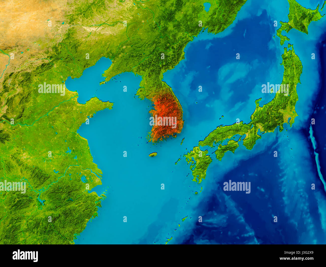 South Korea highlighted in red on physical map. 3D illustration ...