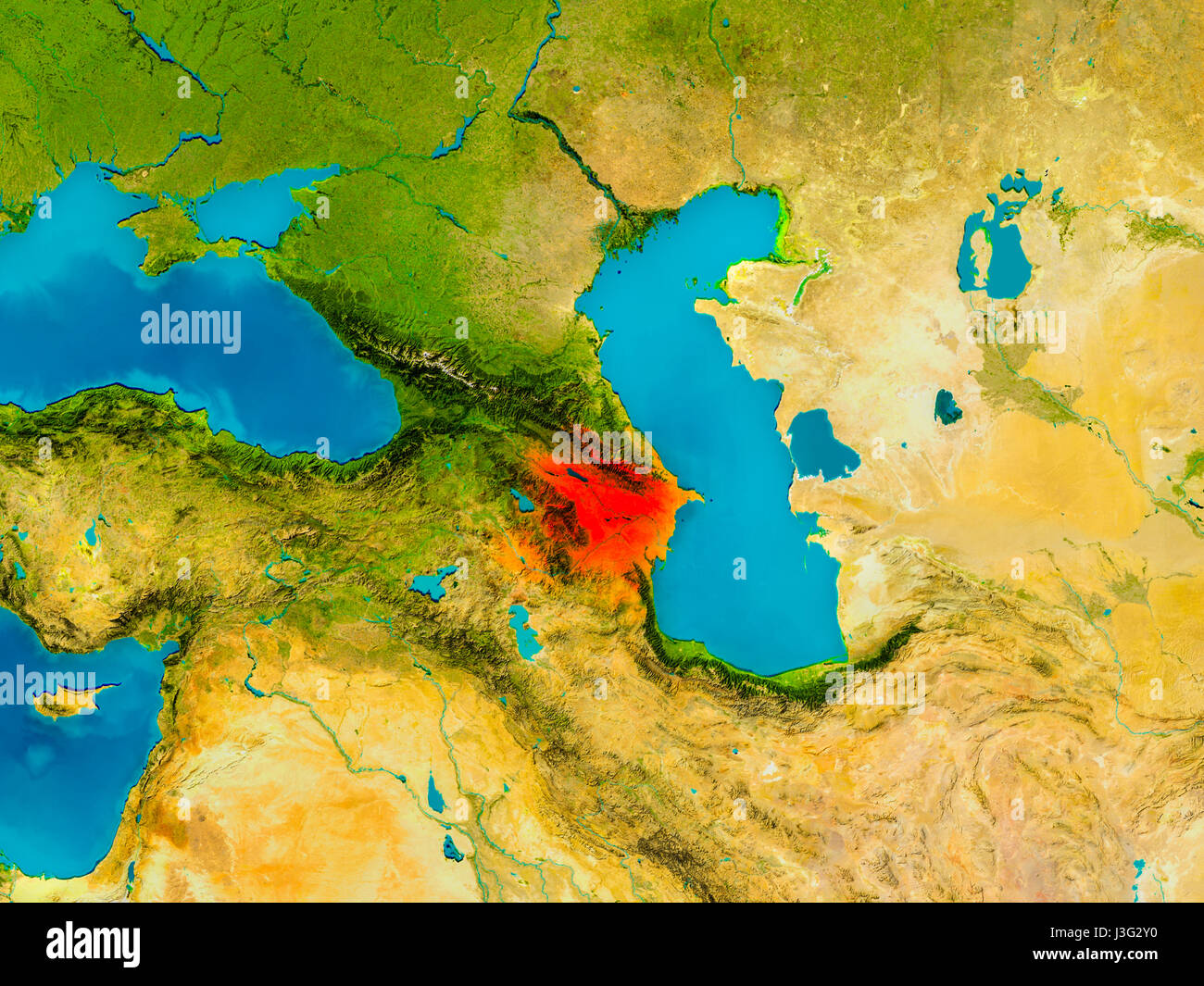 Azerbaijan highlighted in red on physical map. 3D illustration ...