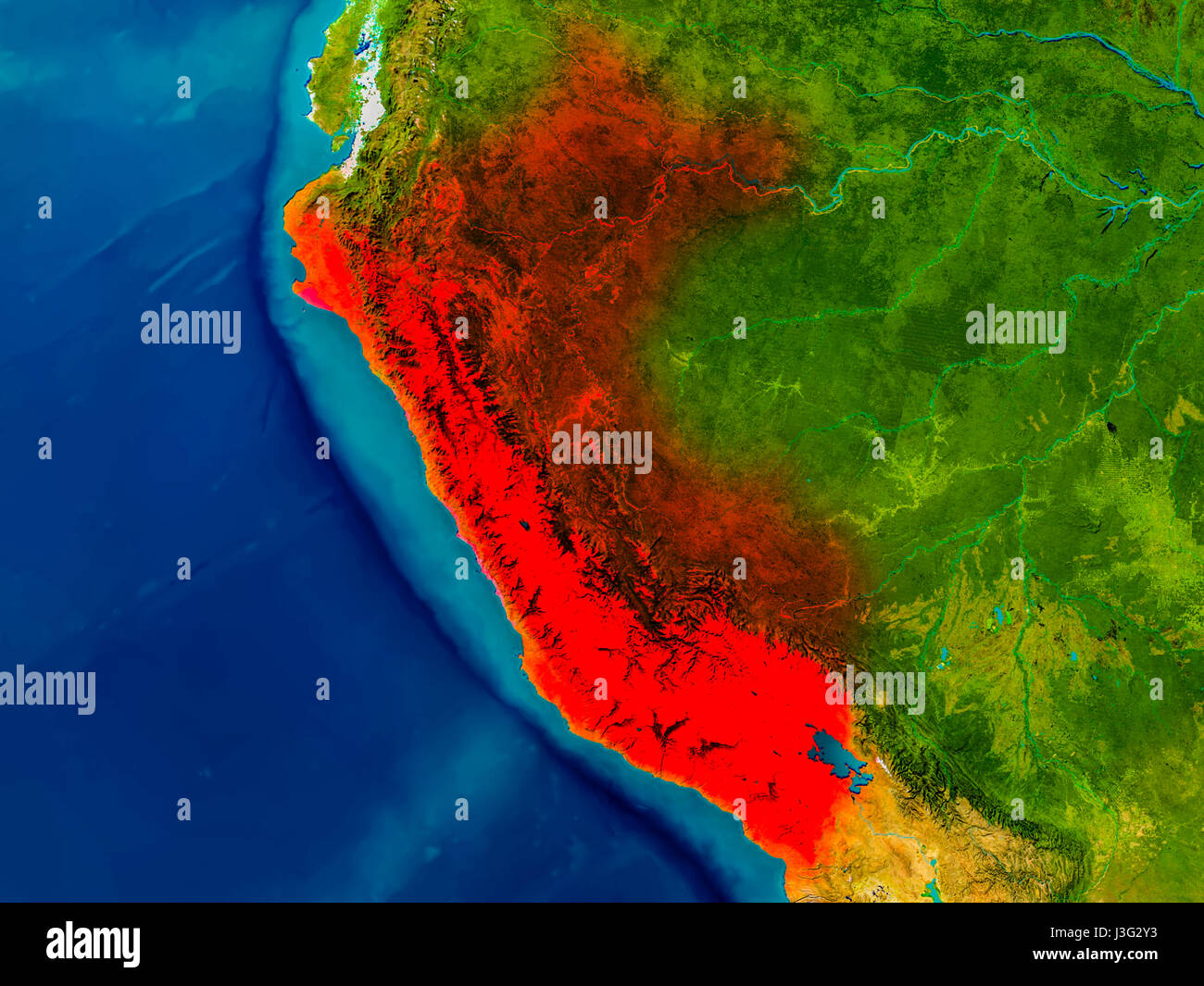 Peru highlighted in red on physical map. 3D illustration. Elements of ...