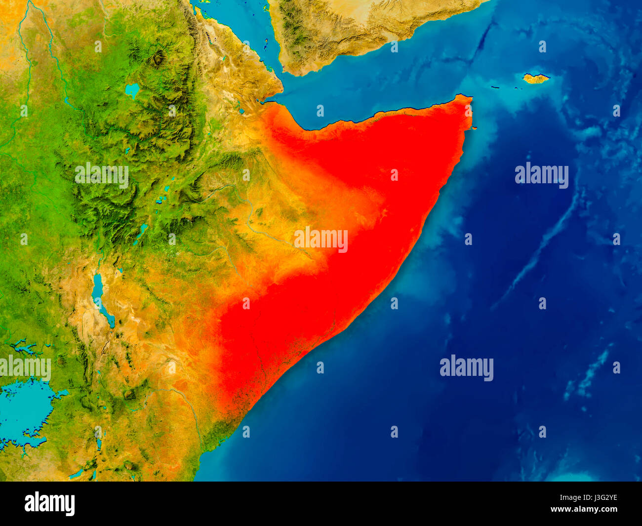 Somalia highlighted in red on physical map. 3D illustration. Elements ...