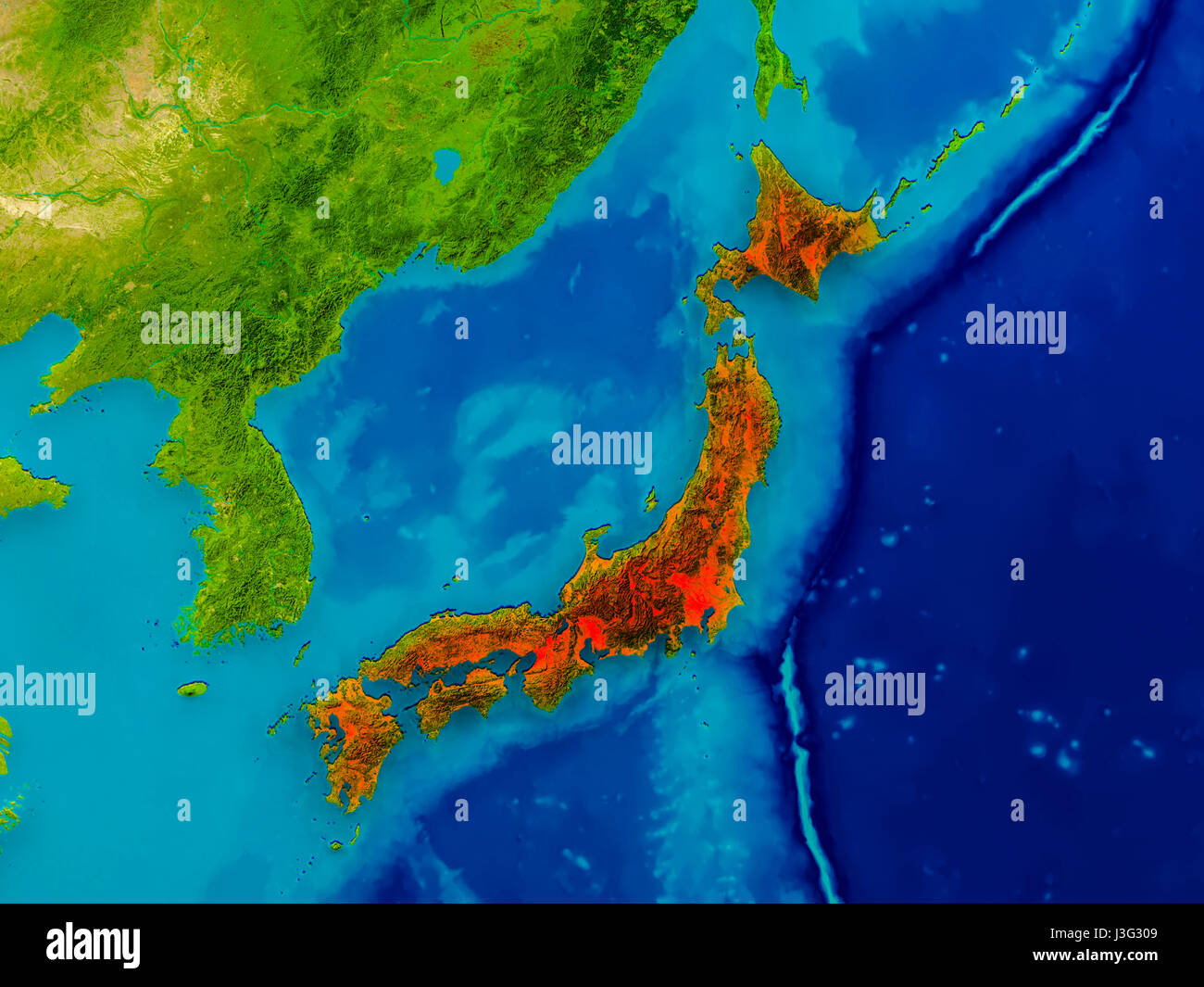 Japan highlighted in red on physical map. 3D illustration. Elements of ...