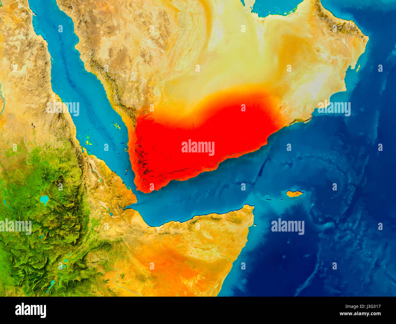 Yemen highlighted in red on physical map. 3D illustration. Elements of ...