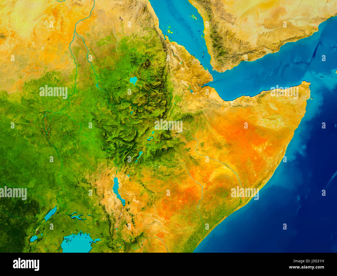 Ethiopia highlighted in red on physical map. 3D illustration. Elements ...