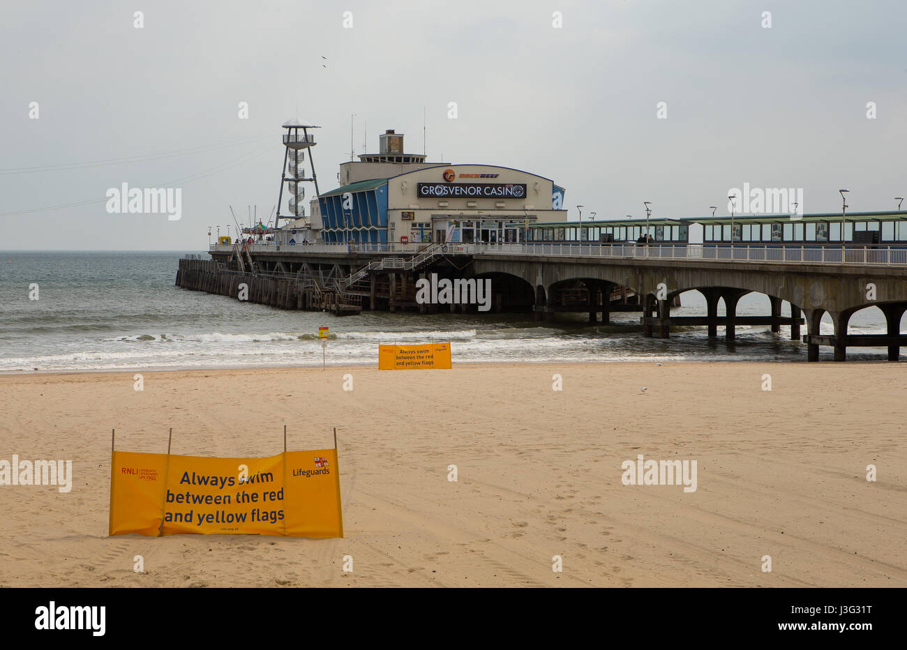RNLI Lifeguards signs on Bournemouth beach near the pier Stock Photo ...