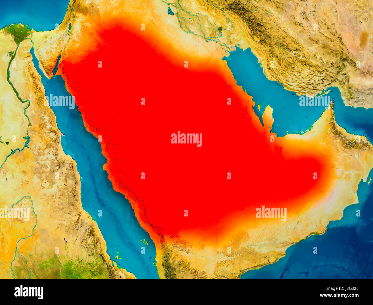 Saudi Arabia highlighted in red on physical map. 3D illustration ...