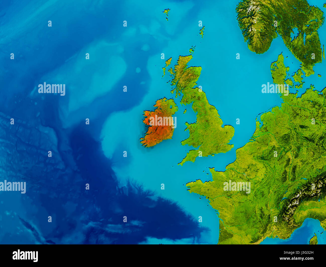 Ireland highlighted in red on physical map. 3D illustration. Elements ...
