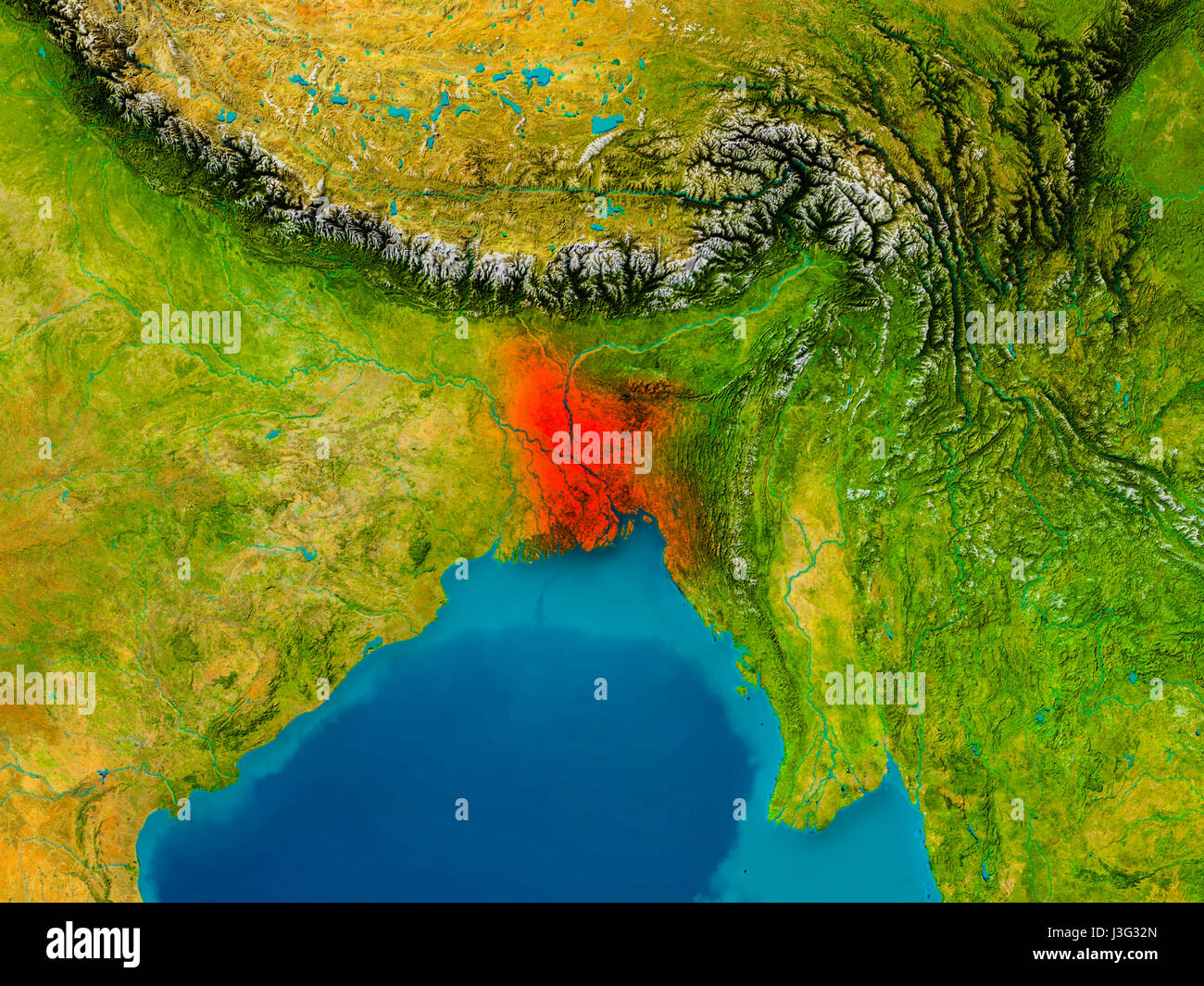 Bangladesh highlighted in red on physical map. 3D illustration ...