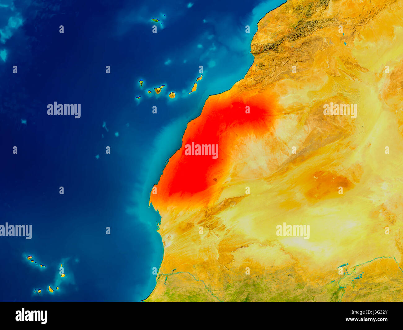 Western Sahara highlighted in red on physical map. 3D illustration ...