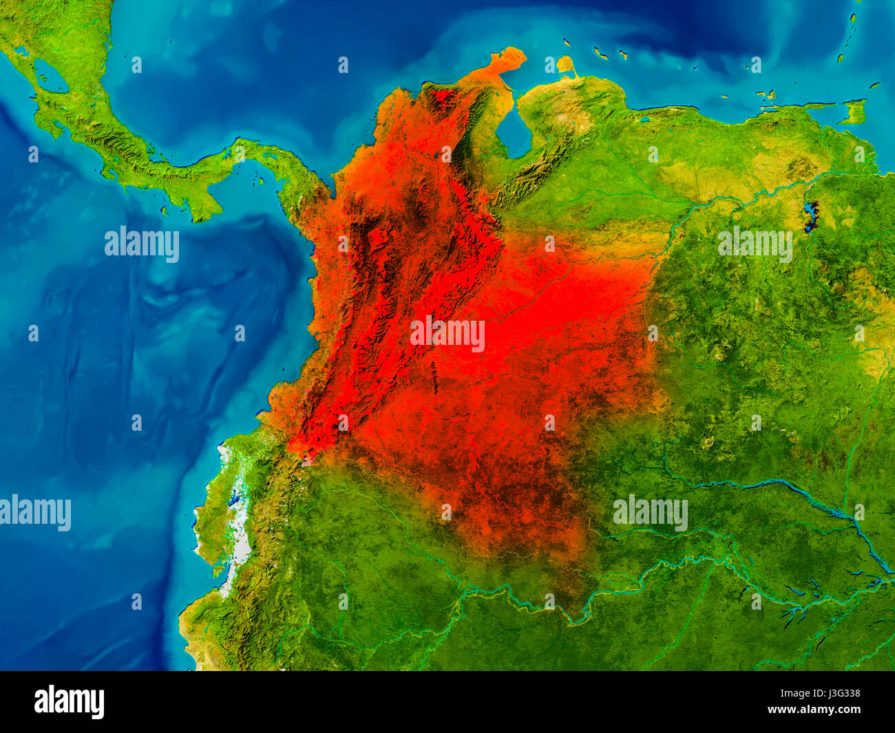 Colombia highlighted in red on physical map. 3D illustration. Elements ...