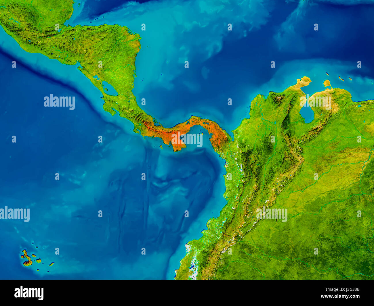 Panama highlighted in red on physical map. 3D illustration. Elements of ...