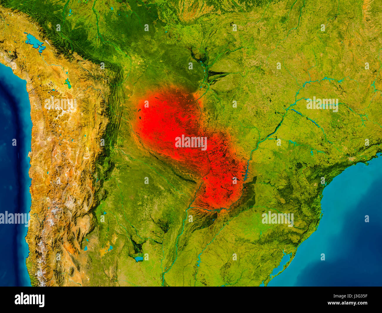 Paraguay highlighted in red on physical map. 3D illustration. Elements ...
