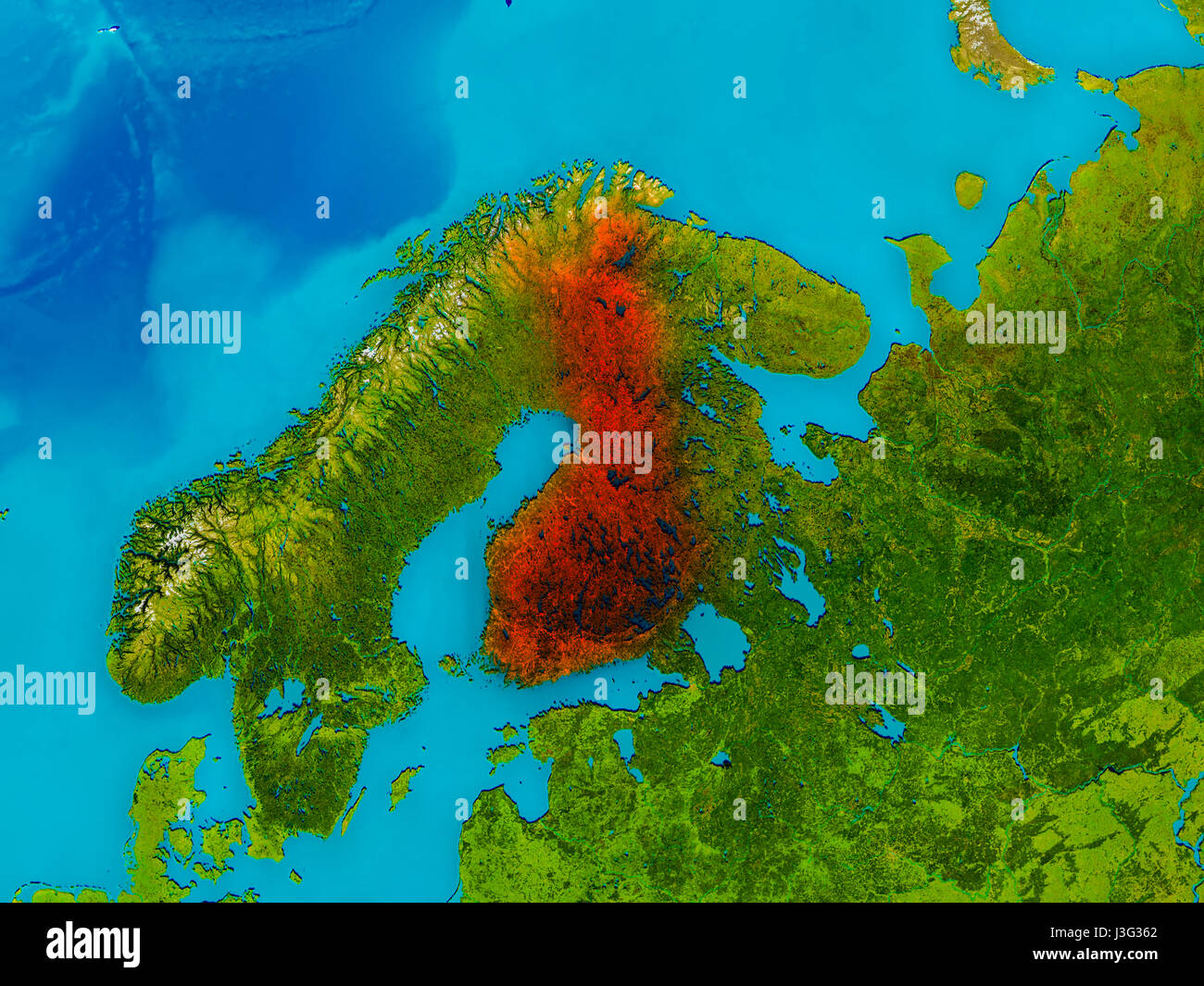 Finland highlighted in red on physical map. 3D illustration. Elements ...