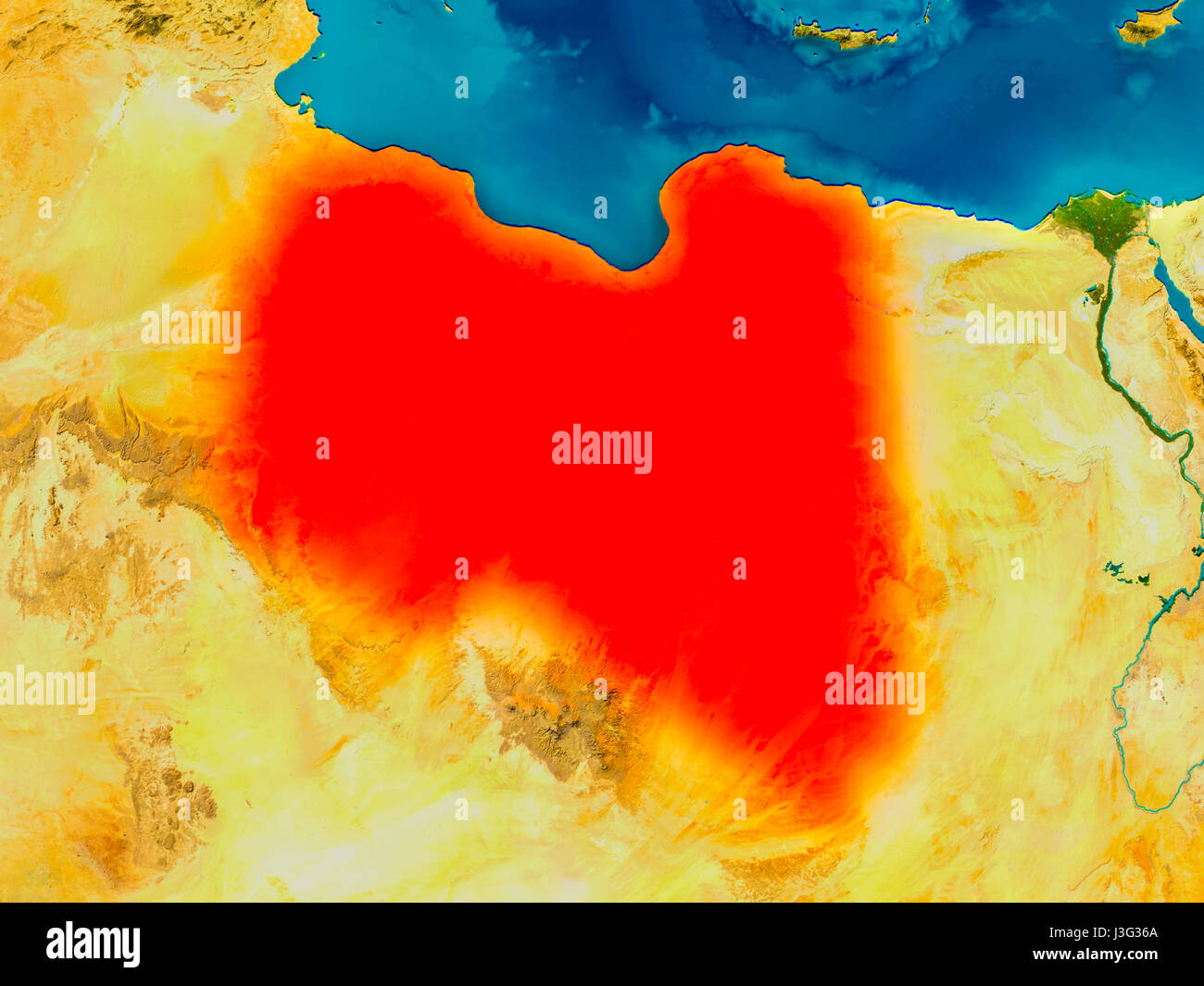Libya highlighted in red on physical map. 3D illustration. Elements of ...