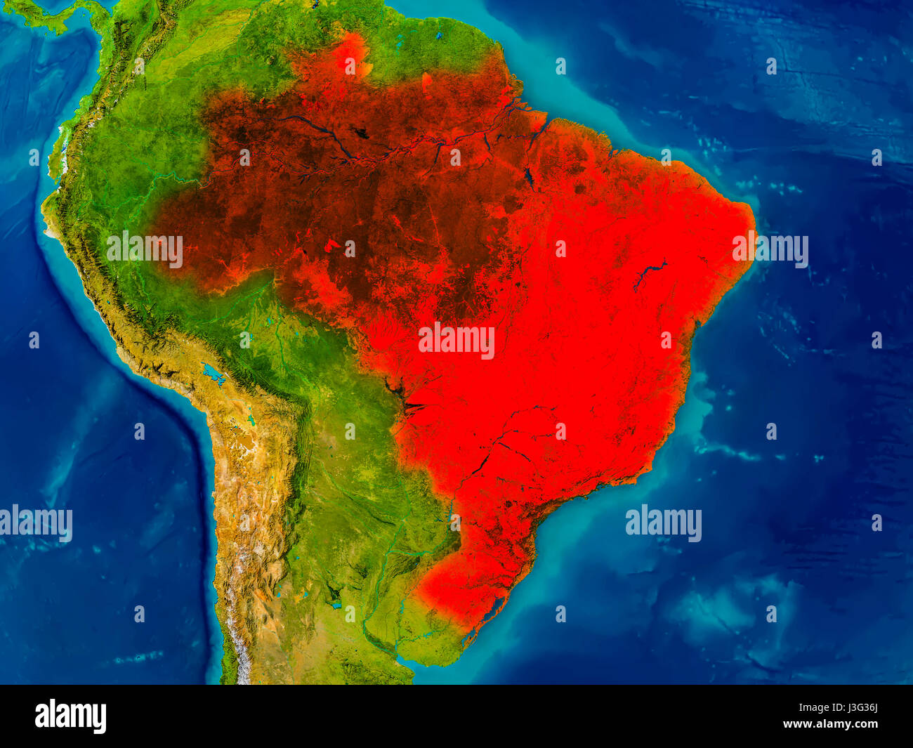 Brazil highlighted in red on physical map. 3D illustration. Elements of ...