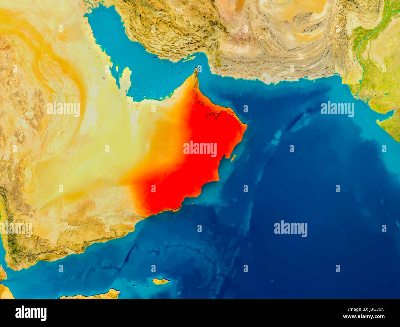 Oman highlighted in red on physical map. 3D illustration. Elements of ...