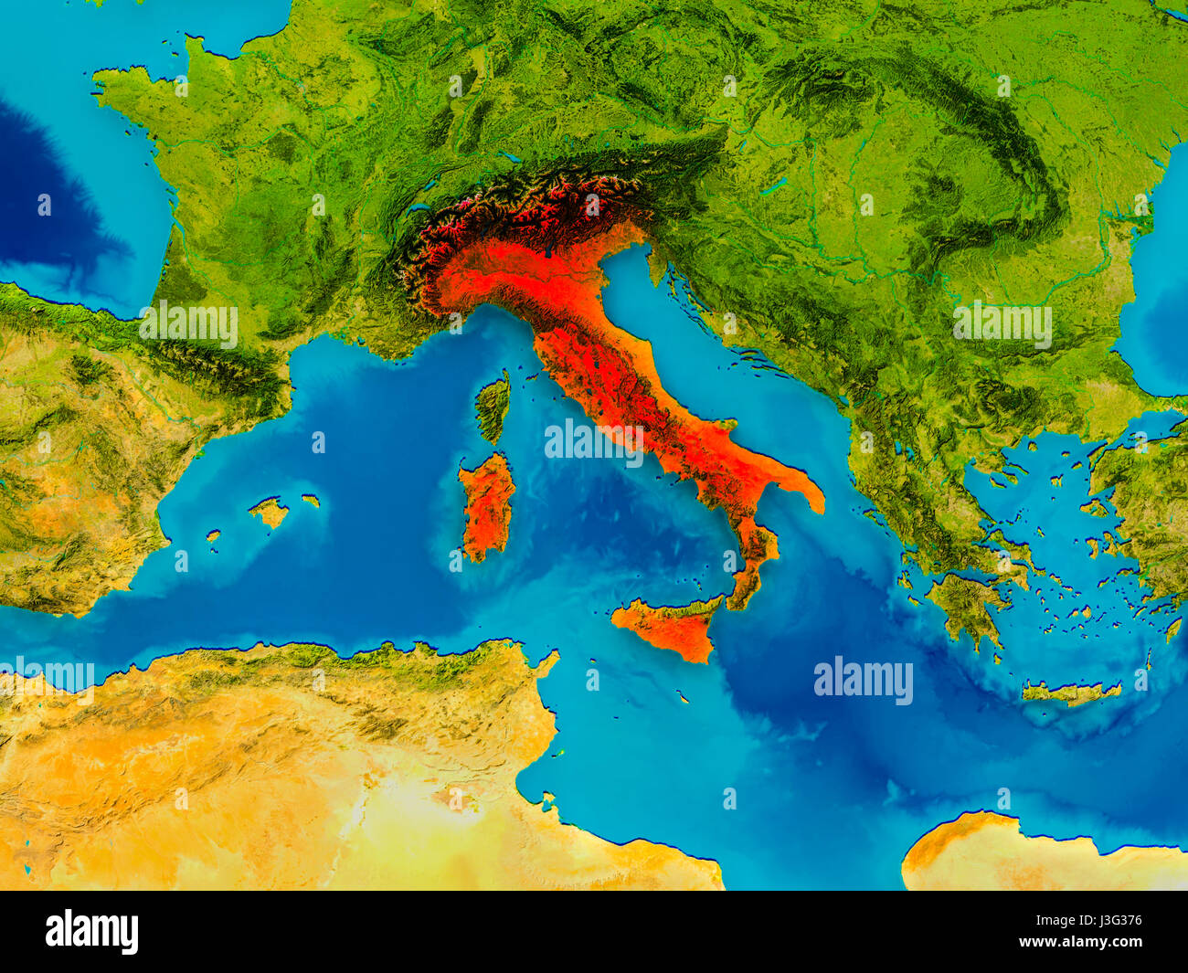 Italy highlighted in red on physical map. 3D illustration. Elements of ...