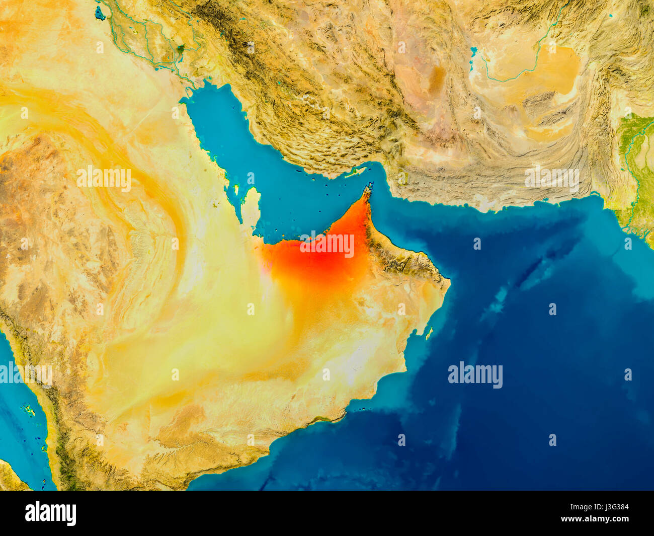 United Arab Emirates highlighted in red on physical map. 3D ...