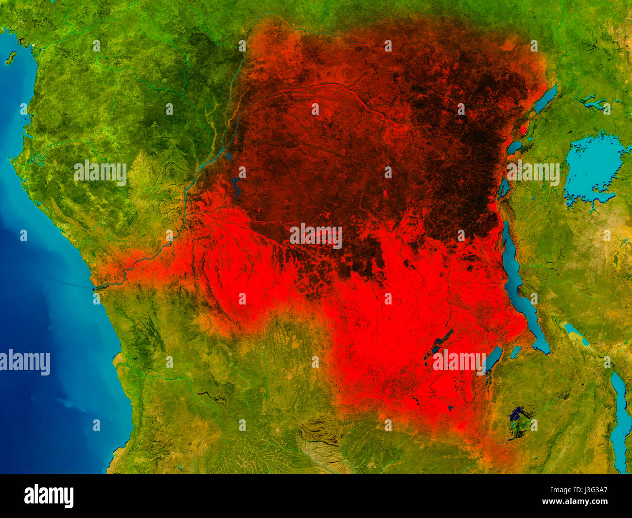 Democratic Republic of Congo highlighted in red on physical map. 3D ...