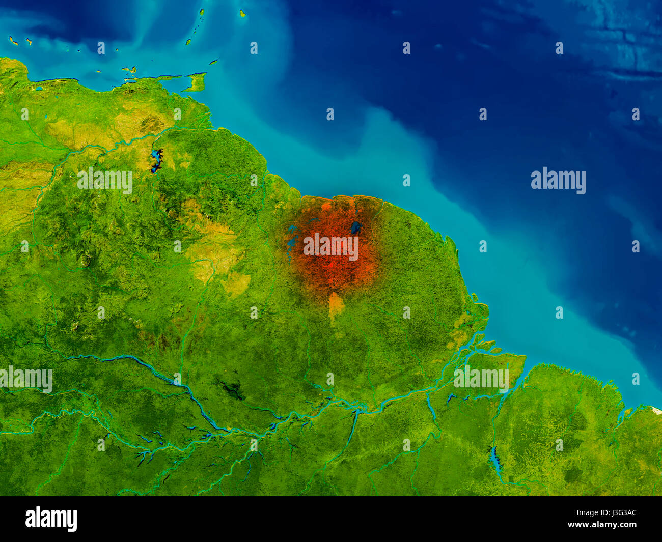 Suriname highlighted in red on physical map. 3D illustration. Elements ...