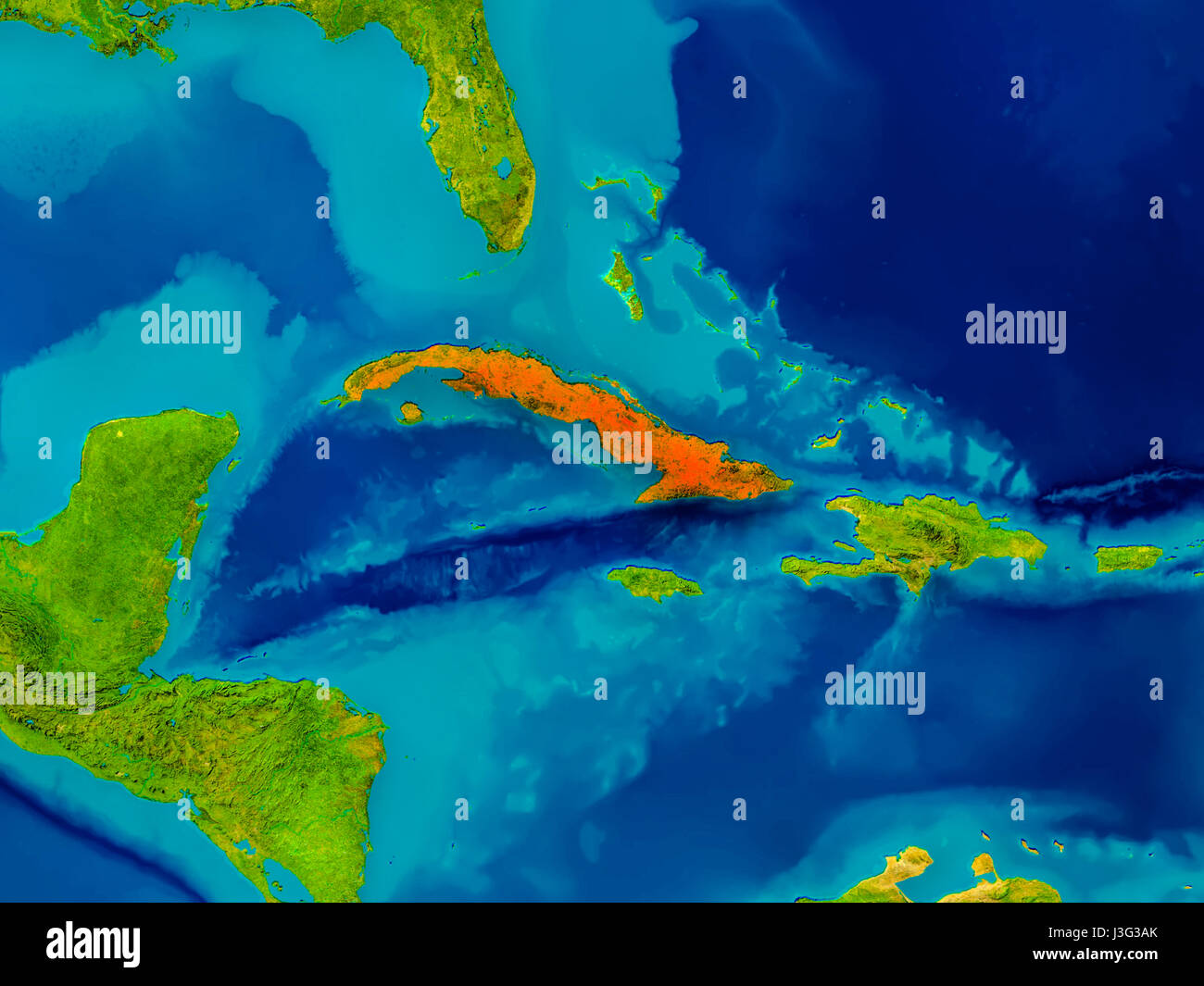Cuba highlighted in red on physical map. 3D illustration. Elements of ...
