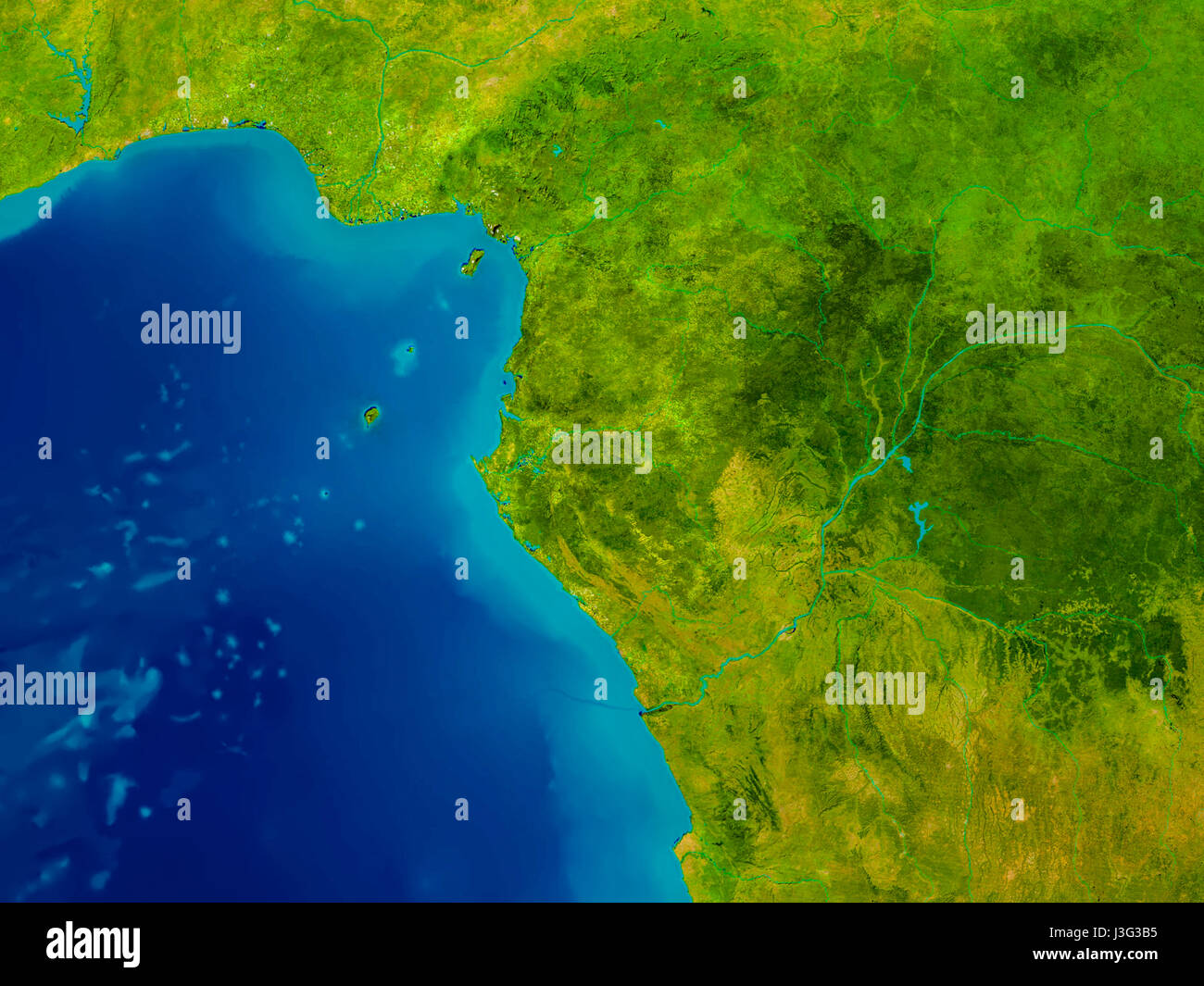 Gabon highlighted in red on physical map. 3D illustration. Elements of this image furnished by ...