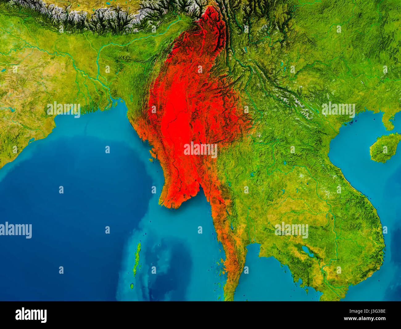 Myanmar highlighted in red on physical map. 3D illustration. Elements ...