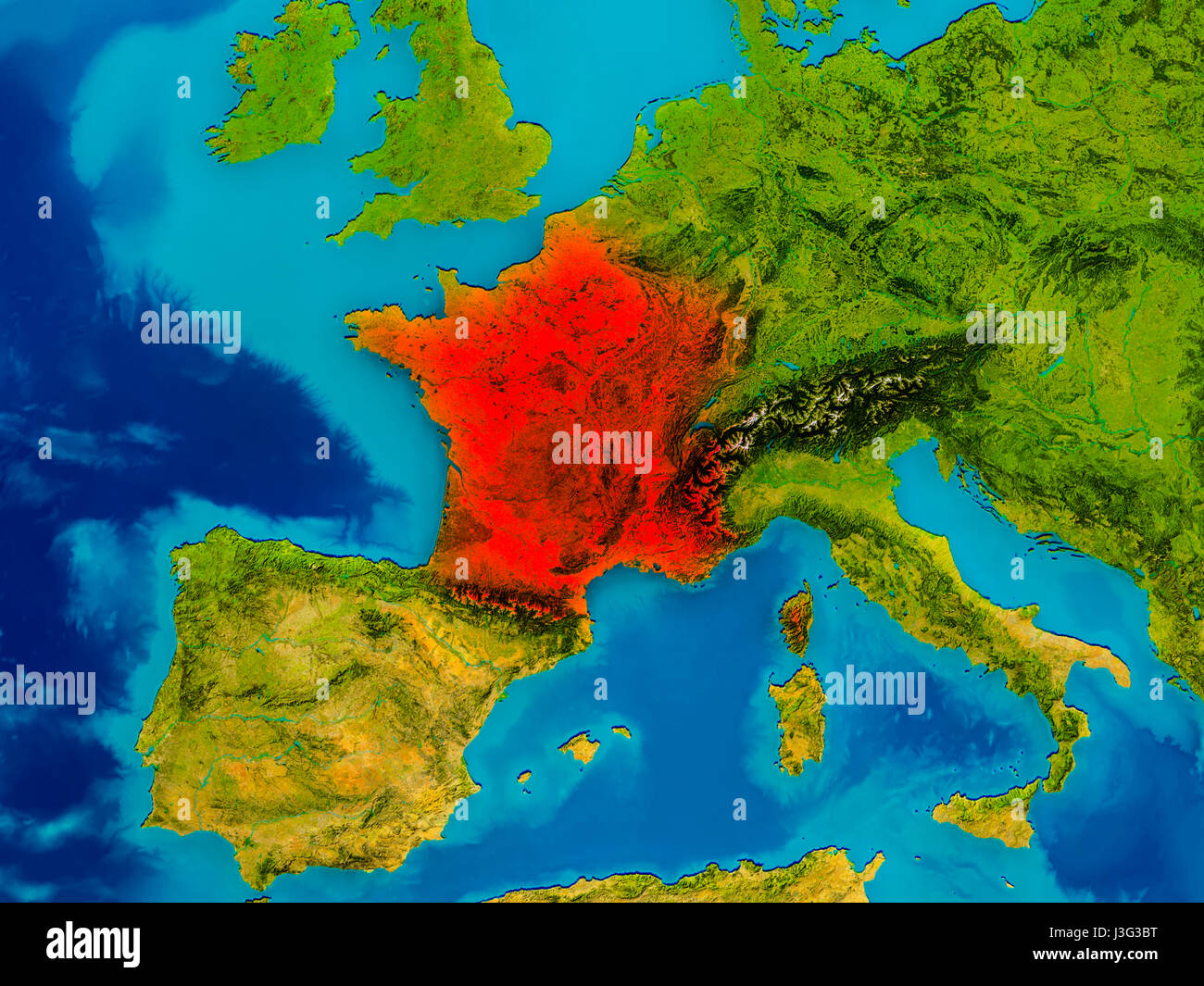 France highlighted in red on physical map. 3D illustration. Elements of ...