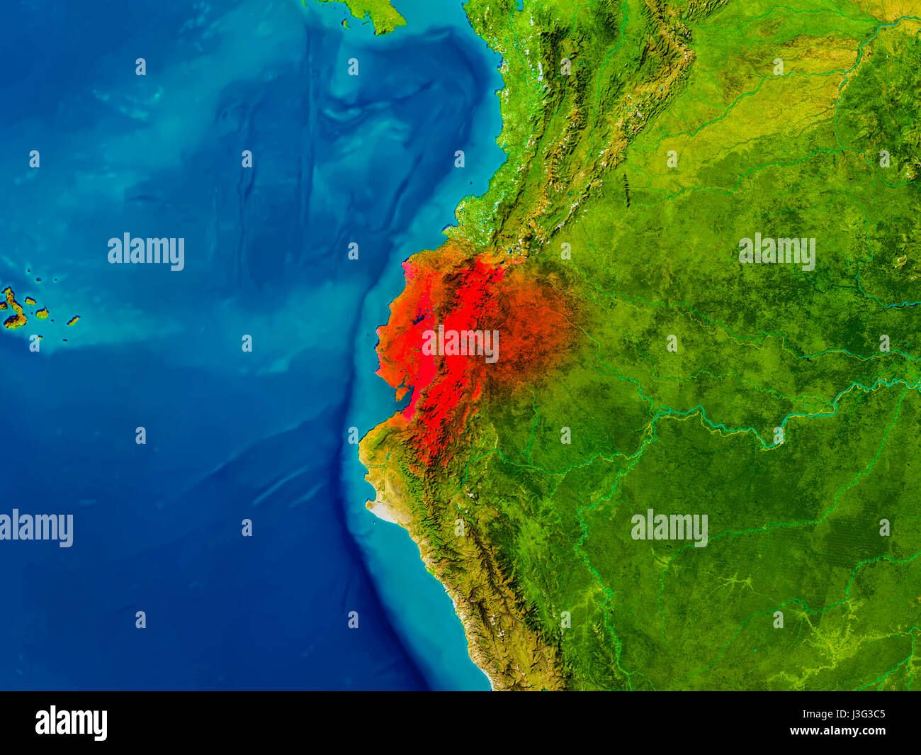 Ecuador highlighted in red on physical map. 3D illustration. Elements ...