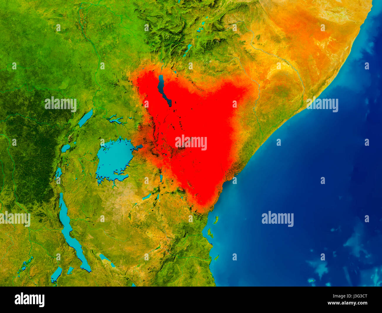 Kenya highlighted in red on physical map. 3D illustration. Elements of ...