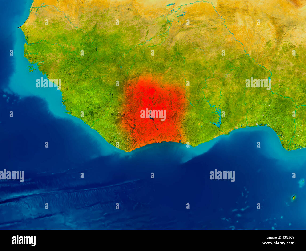 Ivory Coast highlighted in red on physical map. 3D illustration ...