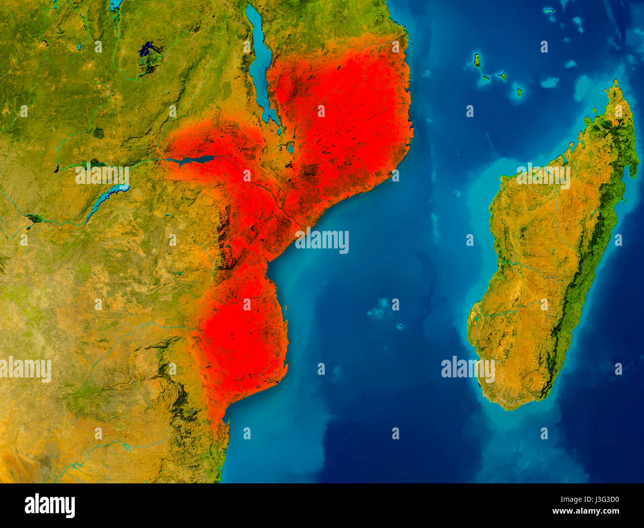 Mozambique highlighted in red on physical map. 3D illustration ...