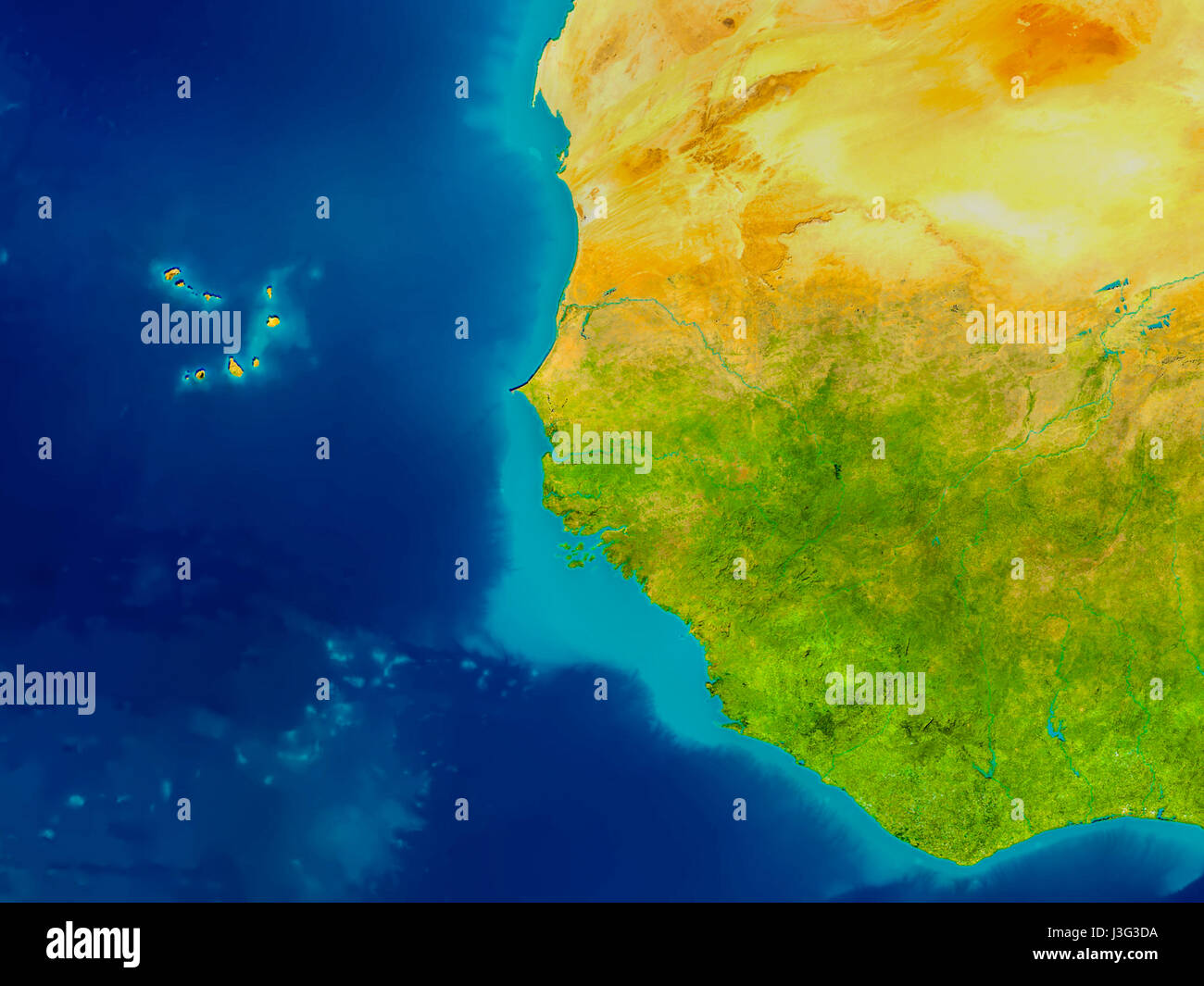 Gambia highlighted in red on physical map. 3D illustration. Elements of ...