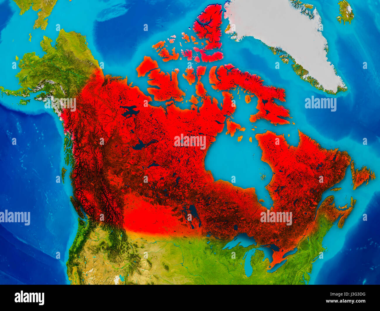 Canada highlighted in red on physical map. 3D illustration. Elements of ...