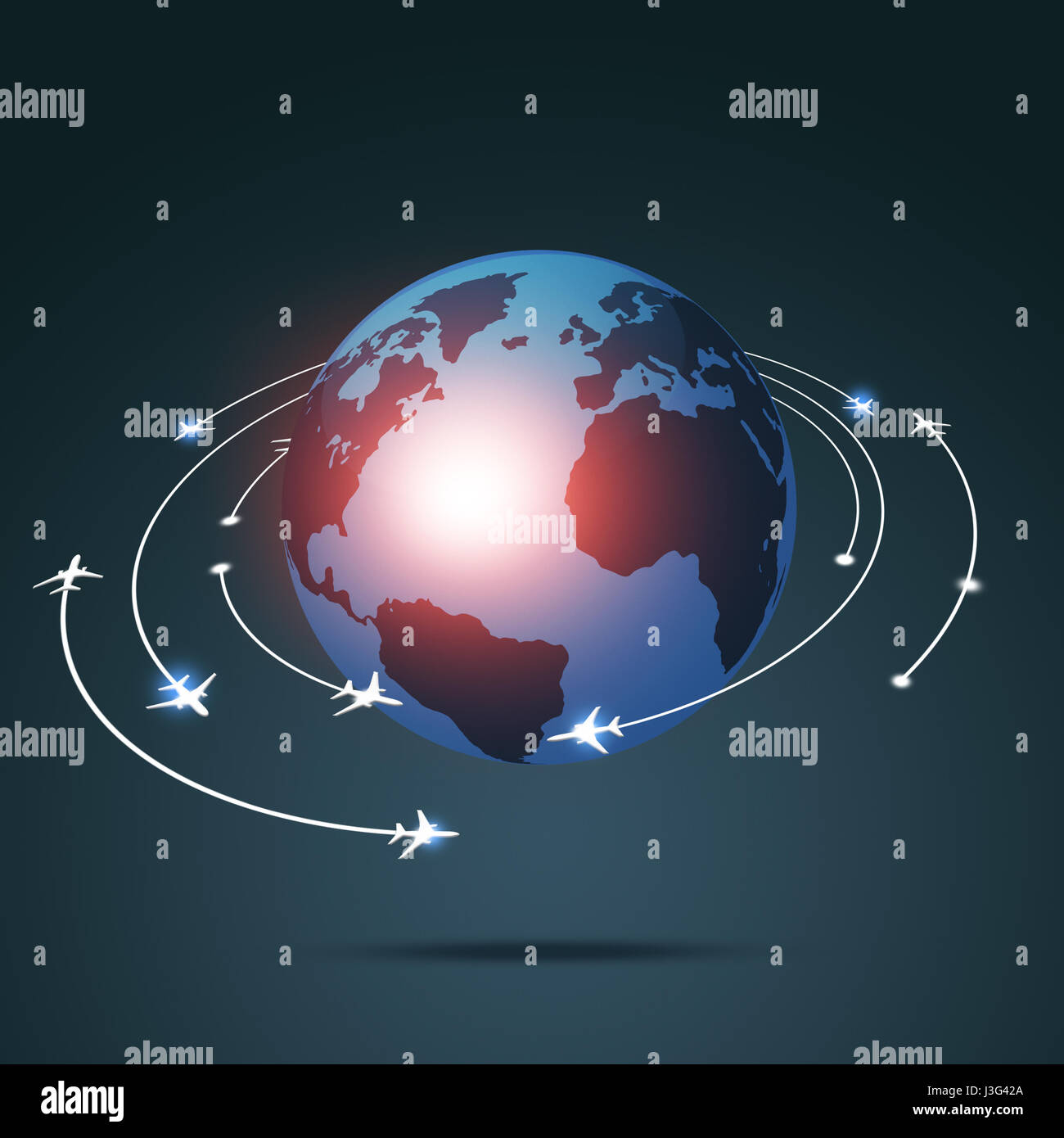 global aviation background with airplanes over the planet Stock Photo ...