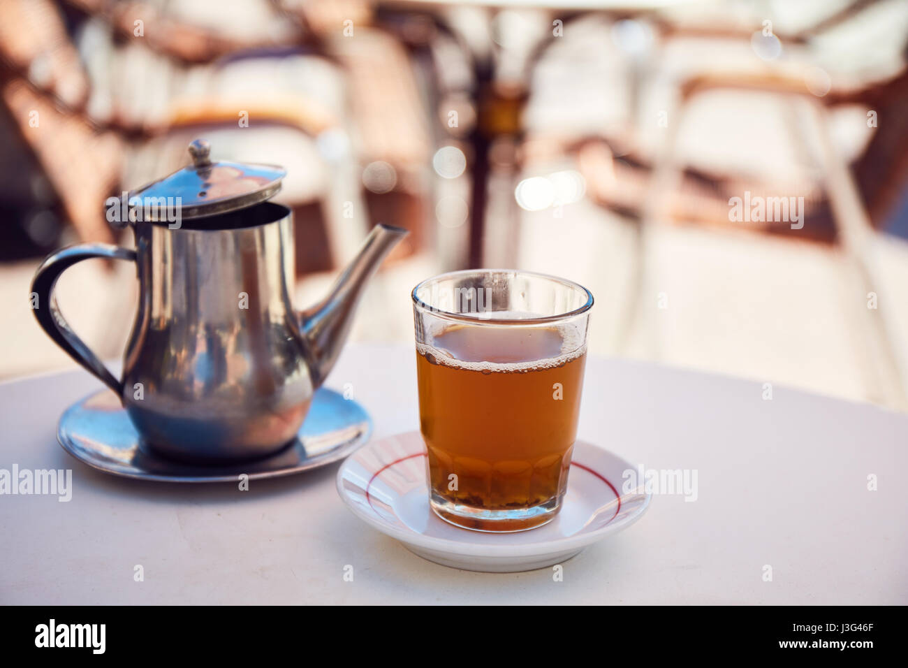 Traditional Moroccan mint tea in a cafe of Marrakech, Morocco Stock ...