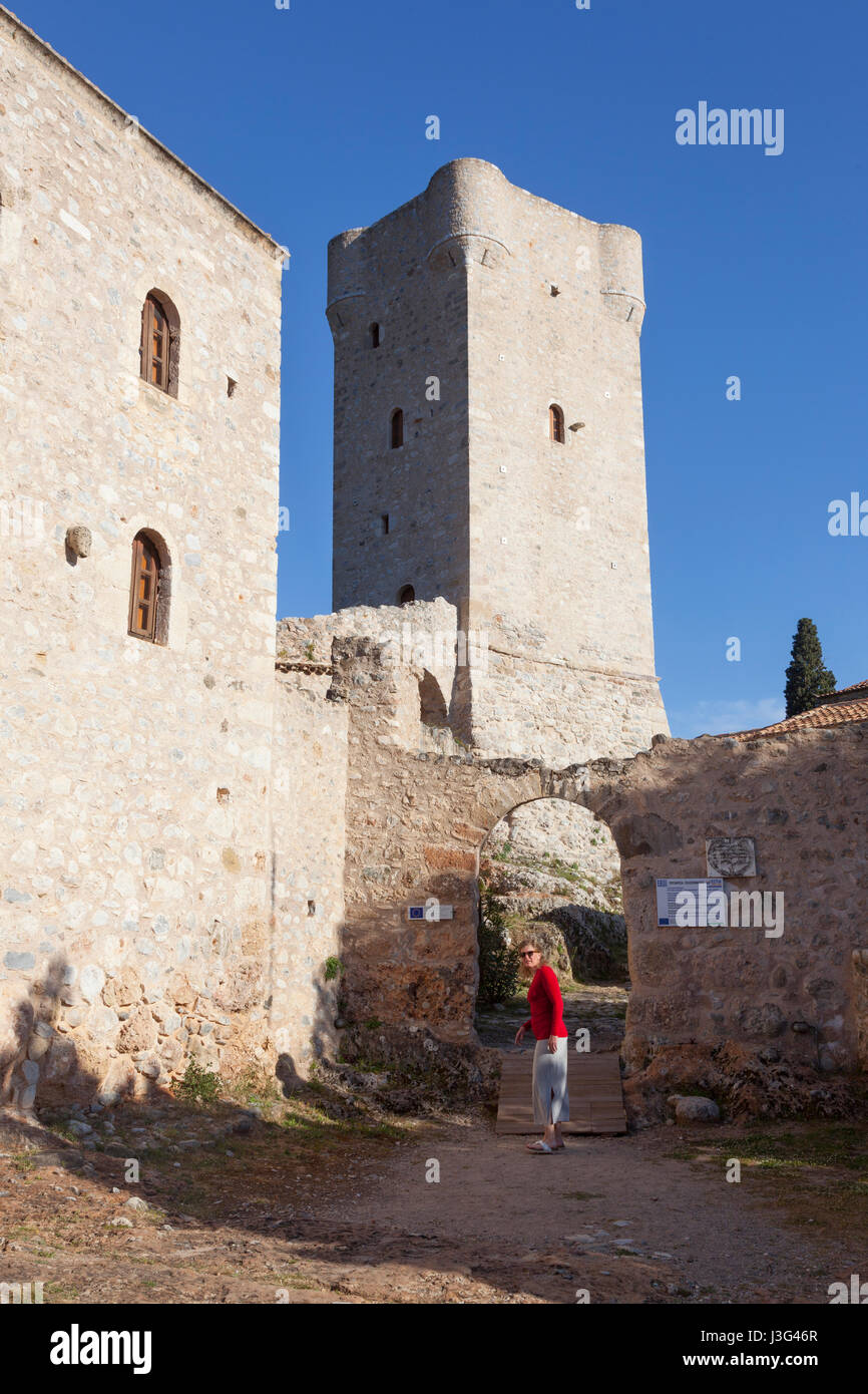 typical ancient Mani tower and blue sky in Greek town of kardamili on ...