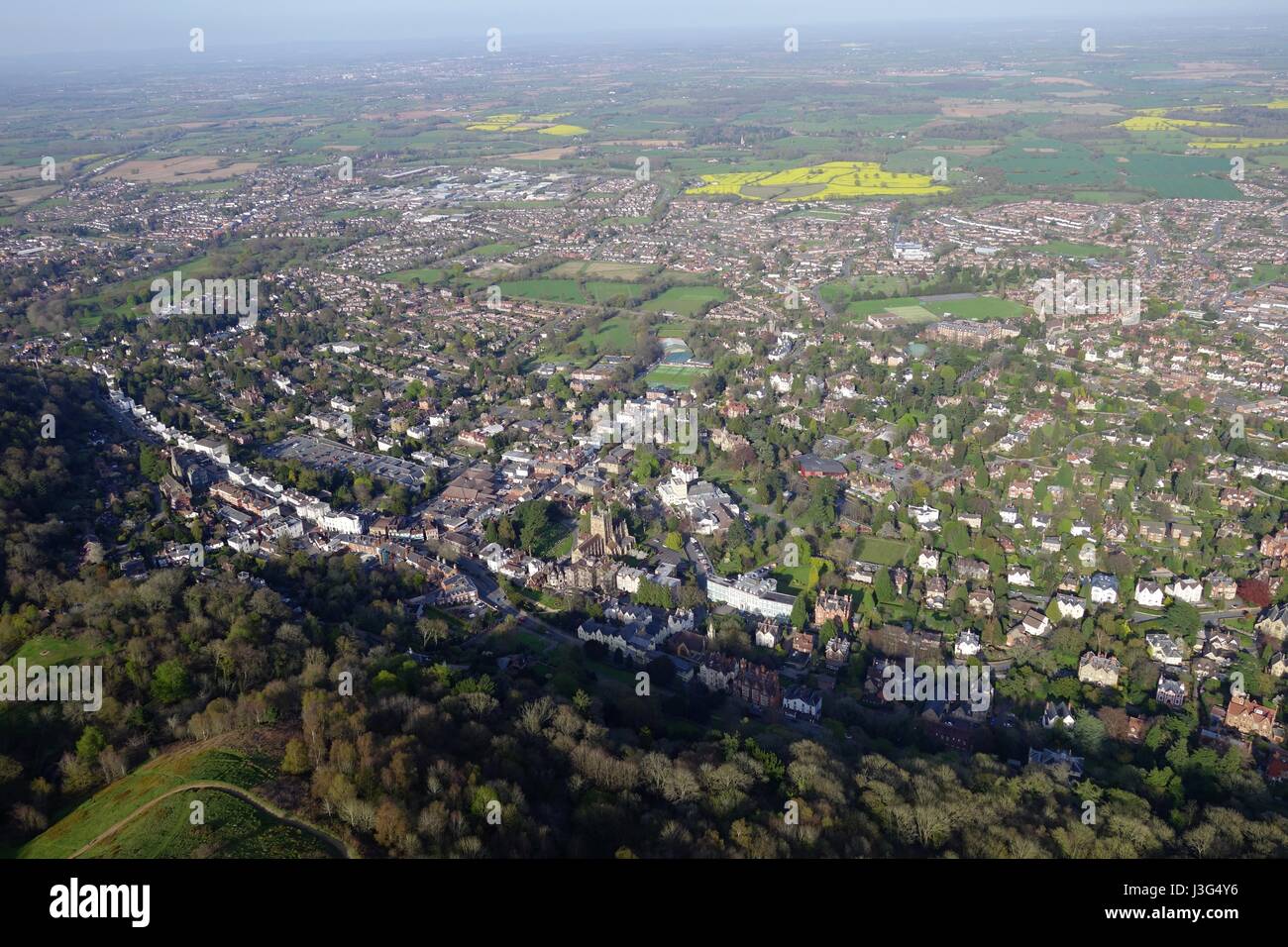 Great Malvern Worcestershire UK town centre from the air Stock Photo ...