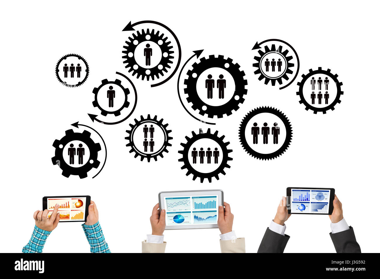 Group of three people with devices in hands working together as symbol ...