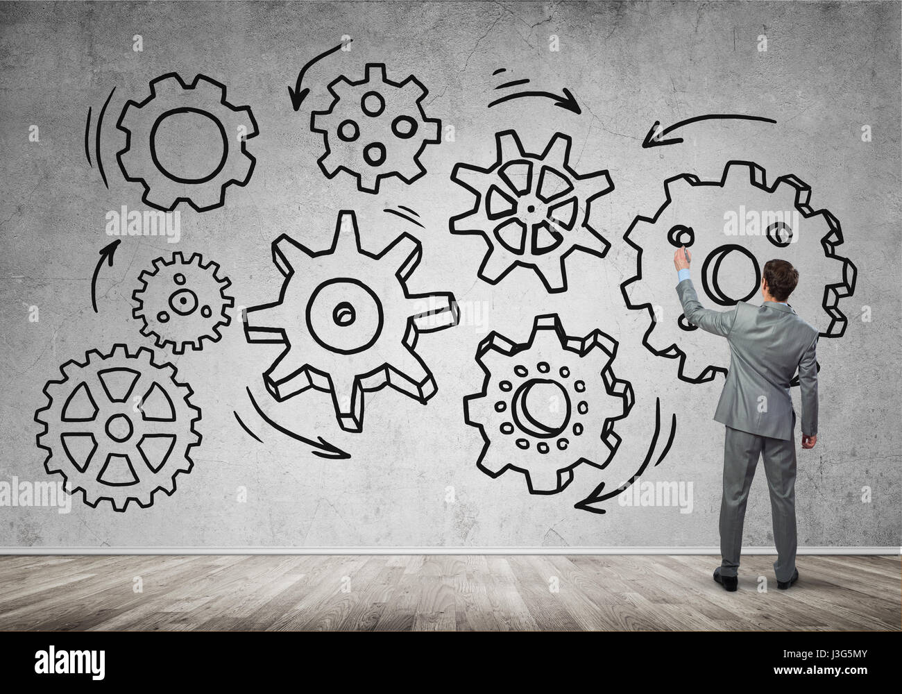 Businessman standing with back and drawing concept of teamwork and ...